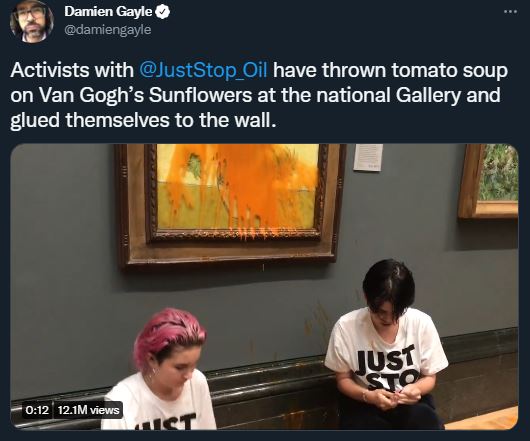 Two environmental activists throw soup on a Van Gogh painting